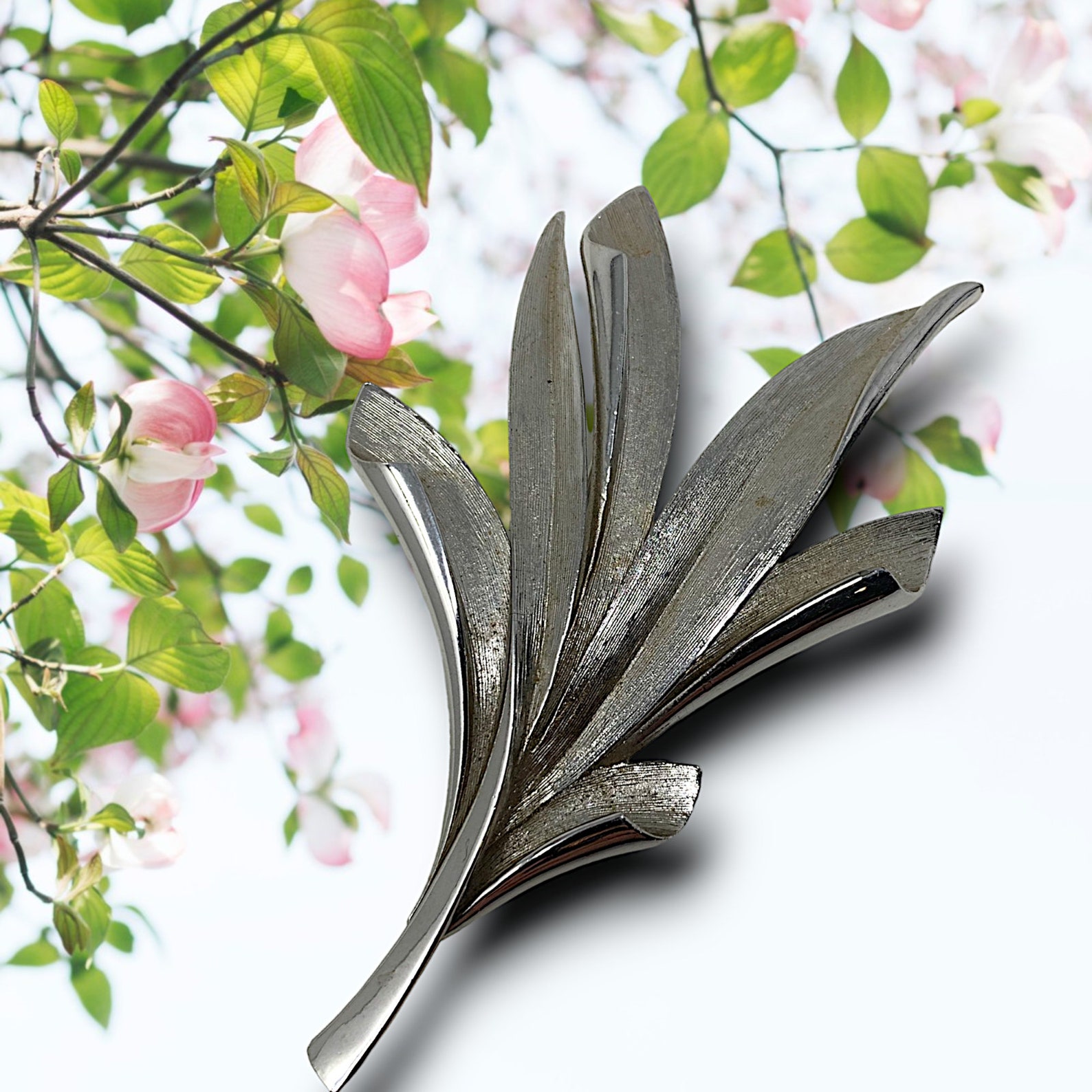 Vintage 1960's Silver Tone Modernist Botanical Brooch Mid Century ...