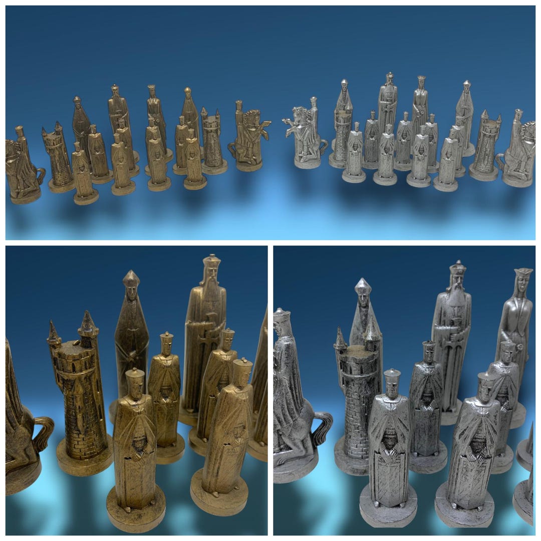 Vintage 1962 Peter Ganine Chess Set 32 Pc Complete Silver Gold Plastic ...
