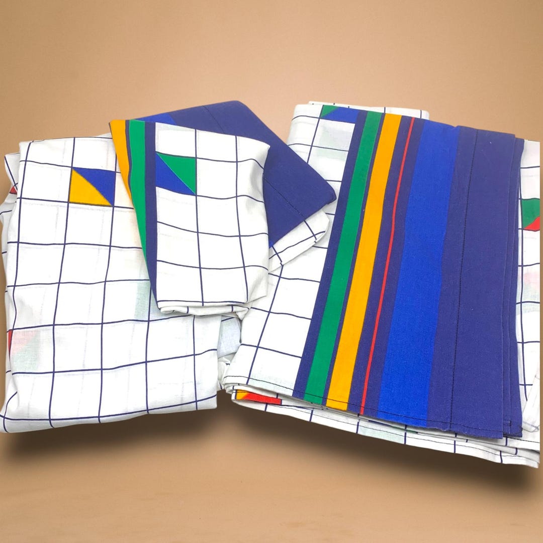 Vtg 1980's Cannon Grid Geometric Graphic Twin Sheet Set Full House Home ...