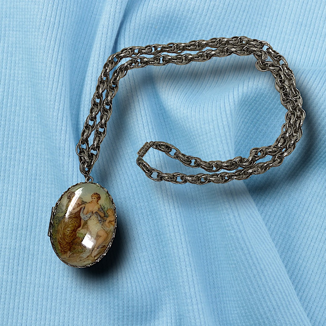 Vintage Roman Goddesses Painted Locket Silver Tone Statement Pendant ...