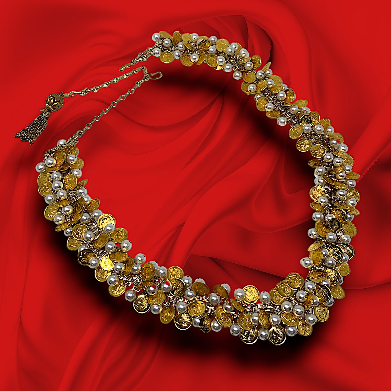 Vintage Belly Dancer Chain Belt Gold Tone Coins Faux Pearls Chains ...