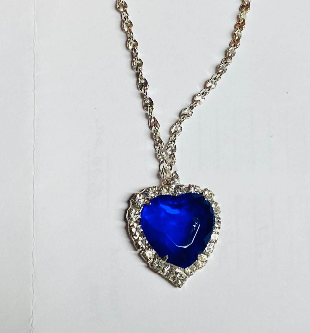 Vintage B C Lind Blue Glass Heart Necklace Silver Tone Chain Designer ...