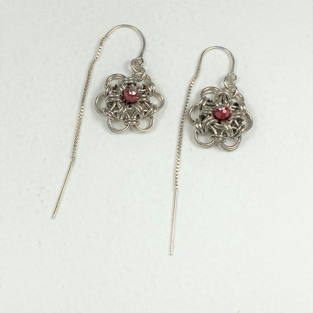 Sterling Silver Chainmail Flower Earrings Floral Coral Crystal ...
