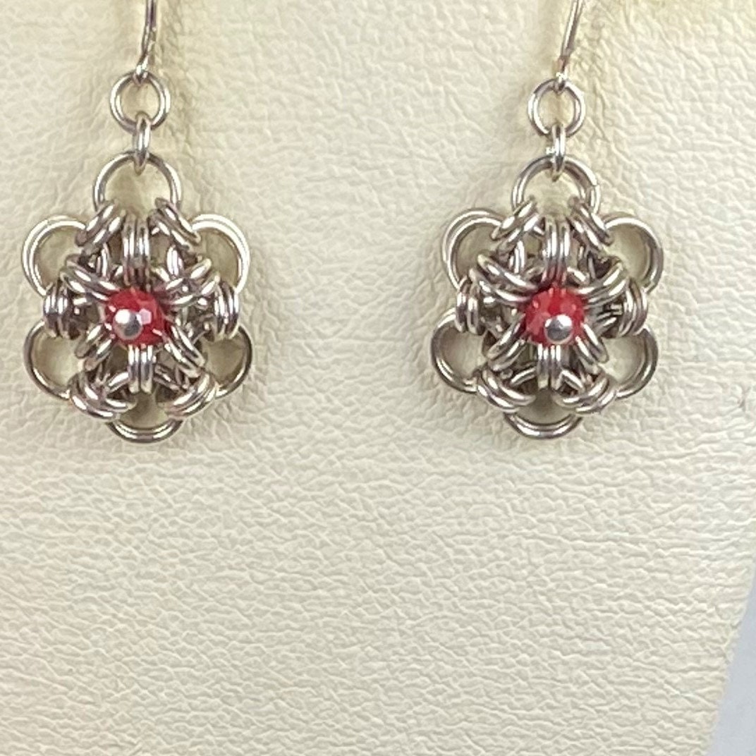 Sterling Silver Chainmail Flower Earrings Floral Coral Crystal ...
