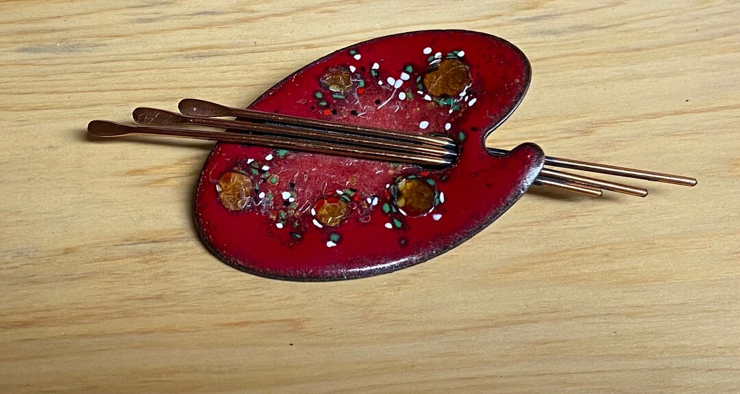 Vintage Copper Enamel Brooch & Earrings Designer Set, Signed Handmade ...