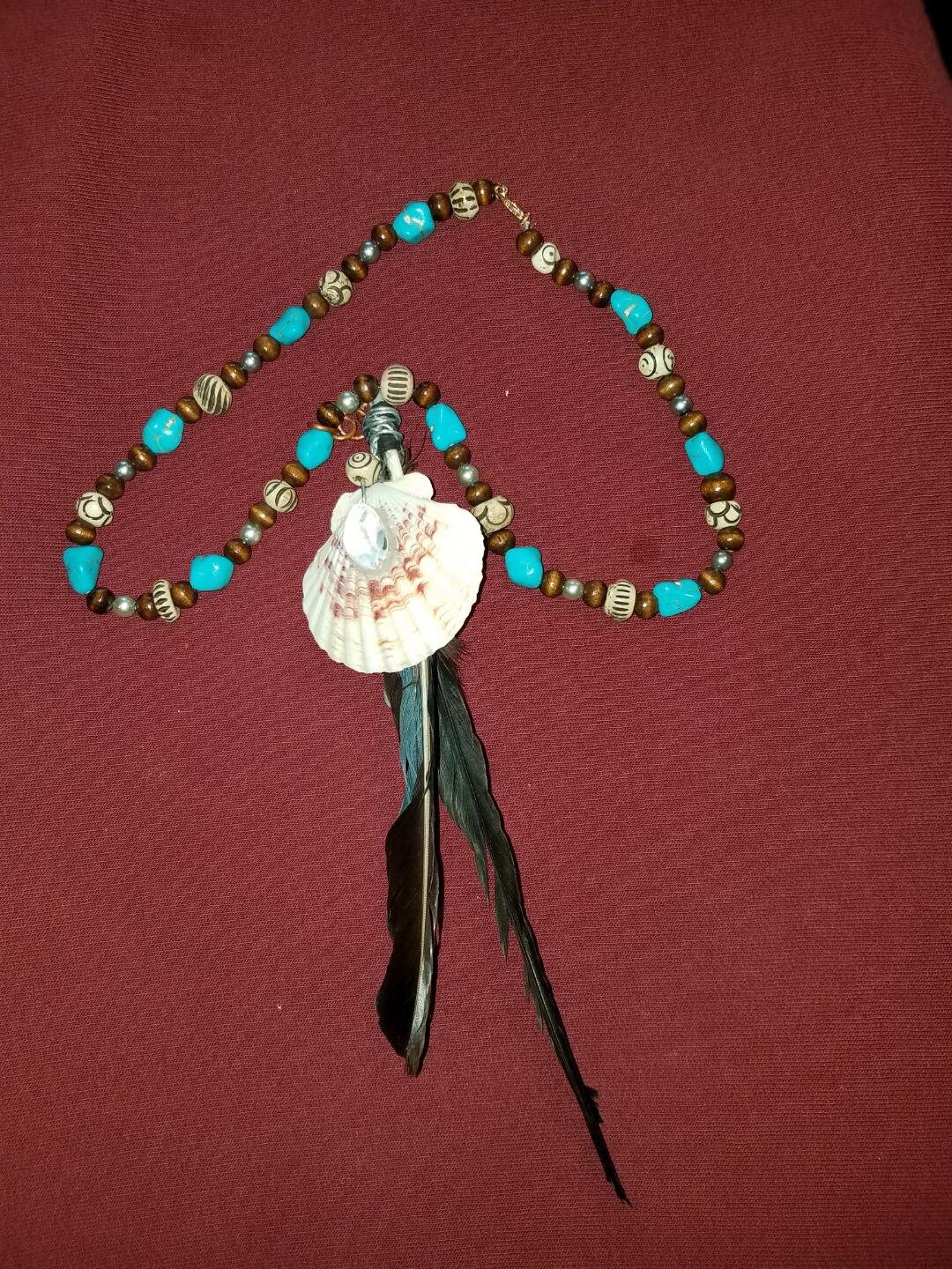 Tribal Beaded Necklase With Feathers and Shell - Etsy