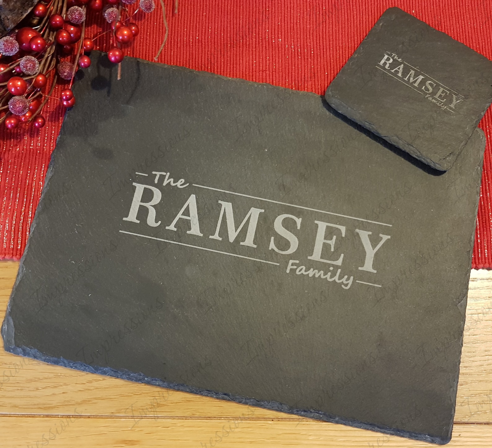Personalised Family Name Slate Placemat and Coaster Set Laser Engraved ...