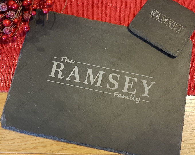 Personalised Family Name Slate Placemat and Coaster Set Laser Engraved ...