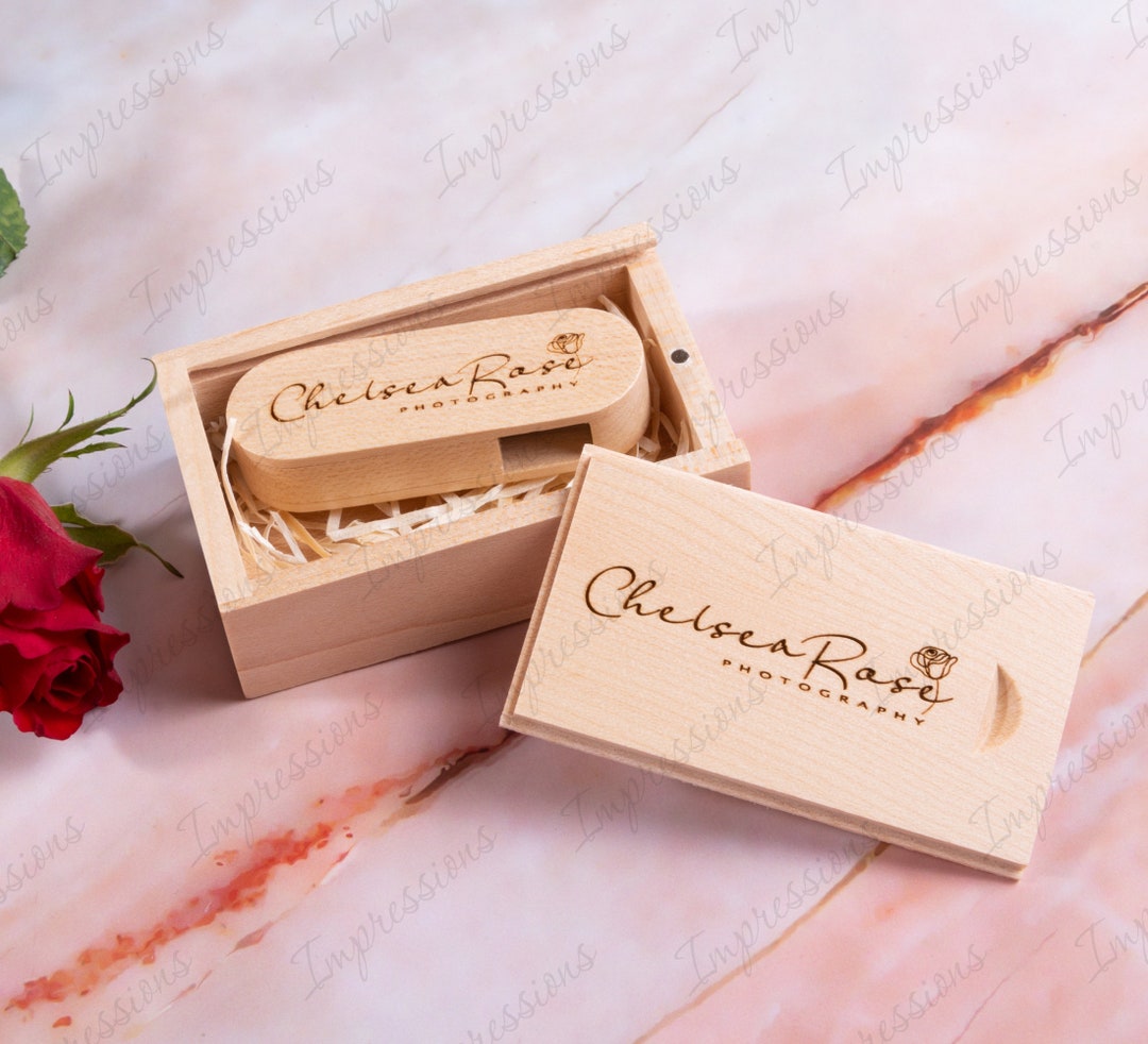 Maple Wooden Swivel USB Slide Gift Box Logo Engraved Wedding ...