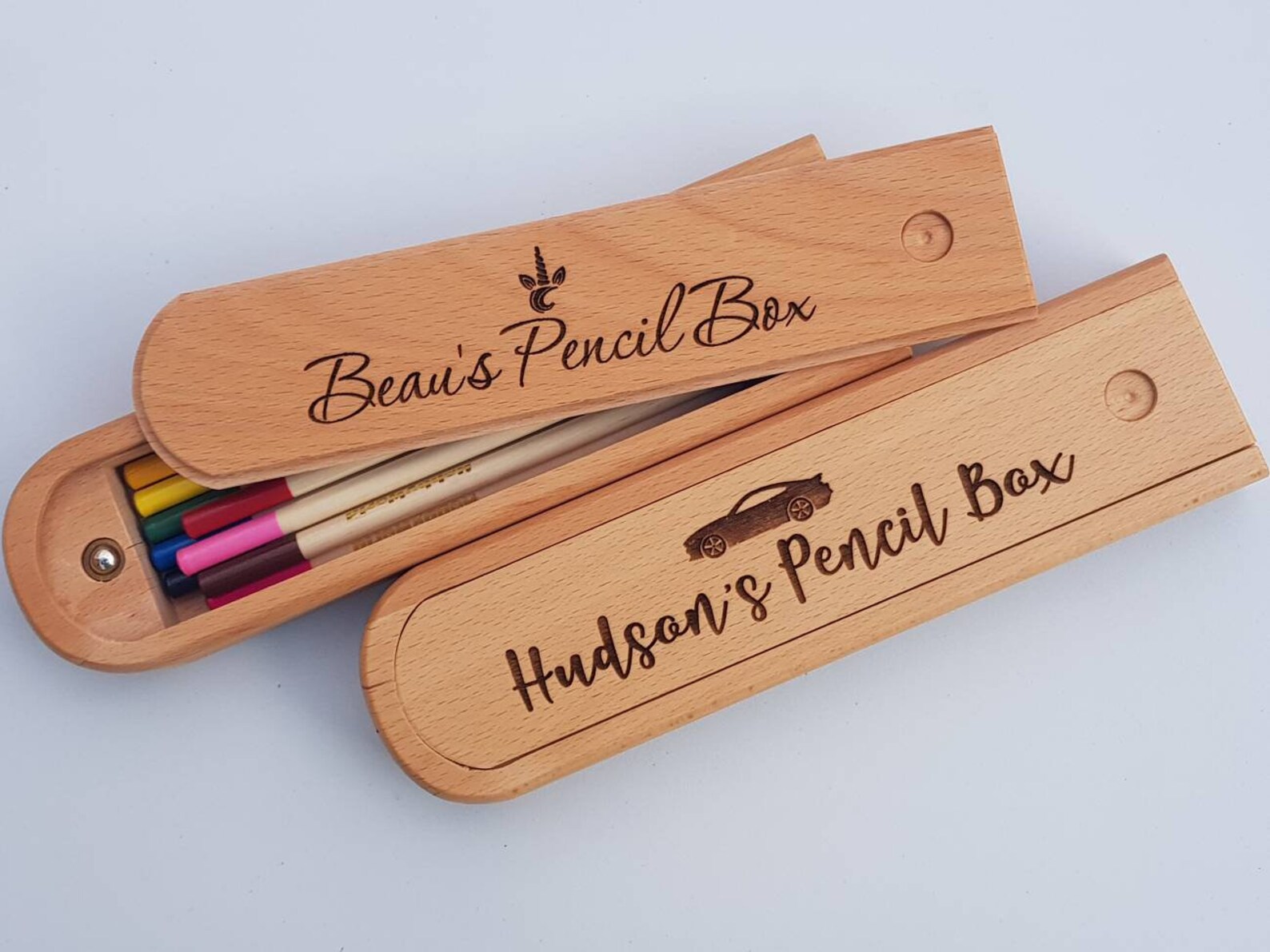 Childrens Solid Wooden Unicorn Car Pencil Box Engraved Personalised ...