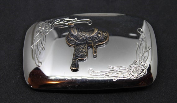 Vintage silver rectangular belt buckle. Engraved flo… - Gem