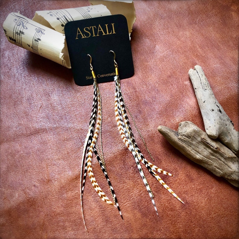 Striped Earrings Gold Feather Earring Bohemian Ears Black - Etsy