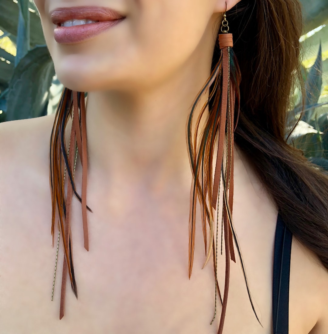Feather and Leather Earrings, Rust and Brown Earrings, Feather Boho ...