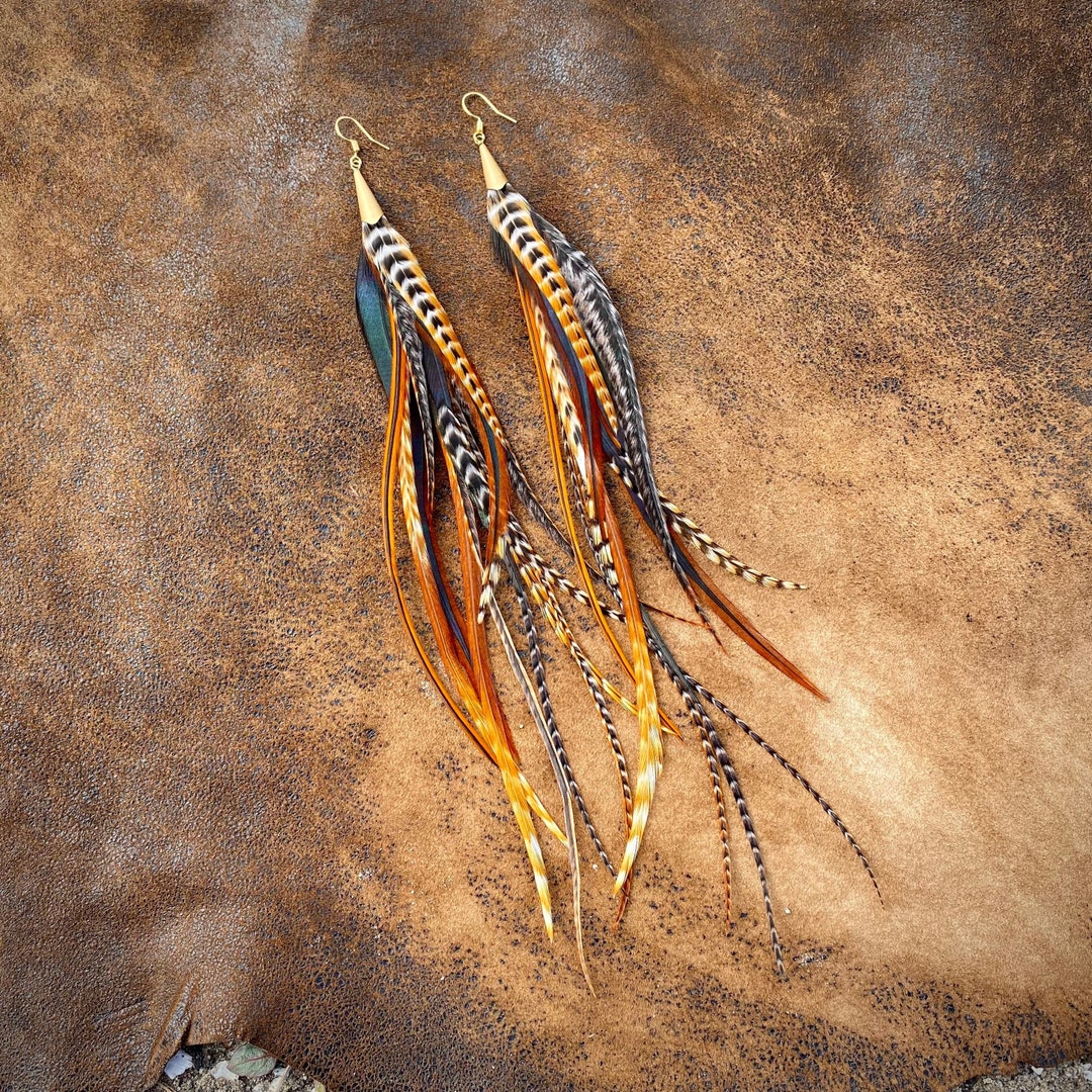 Boho Style Earrings, Real Feathers, Fall Colors, Cree Striped Feather ...