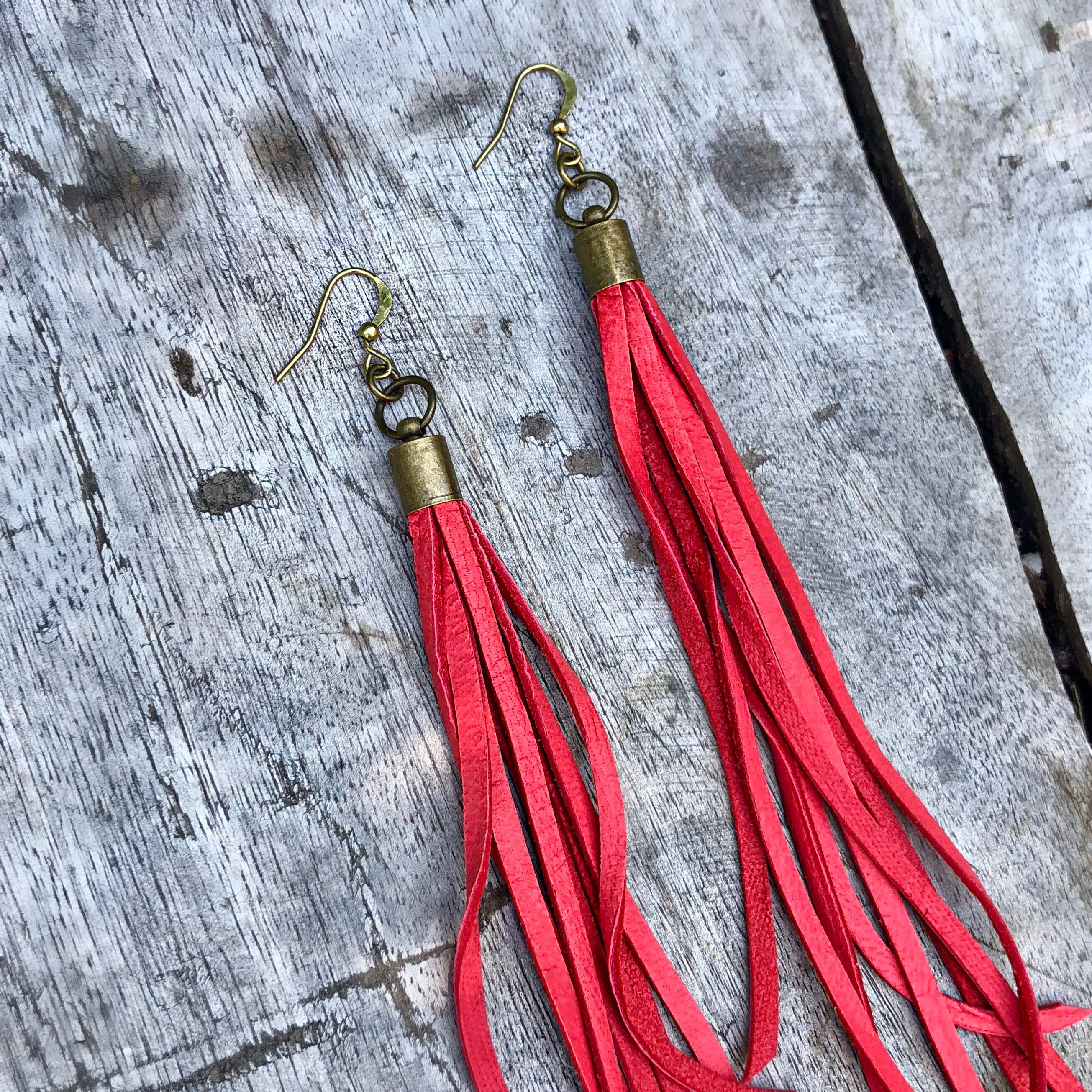 Red Leather Earrings Leather Tassel Earrings Red Statement | Etsy