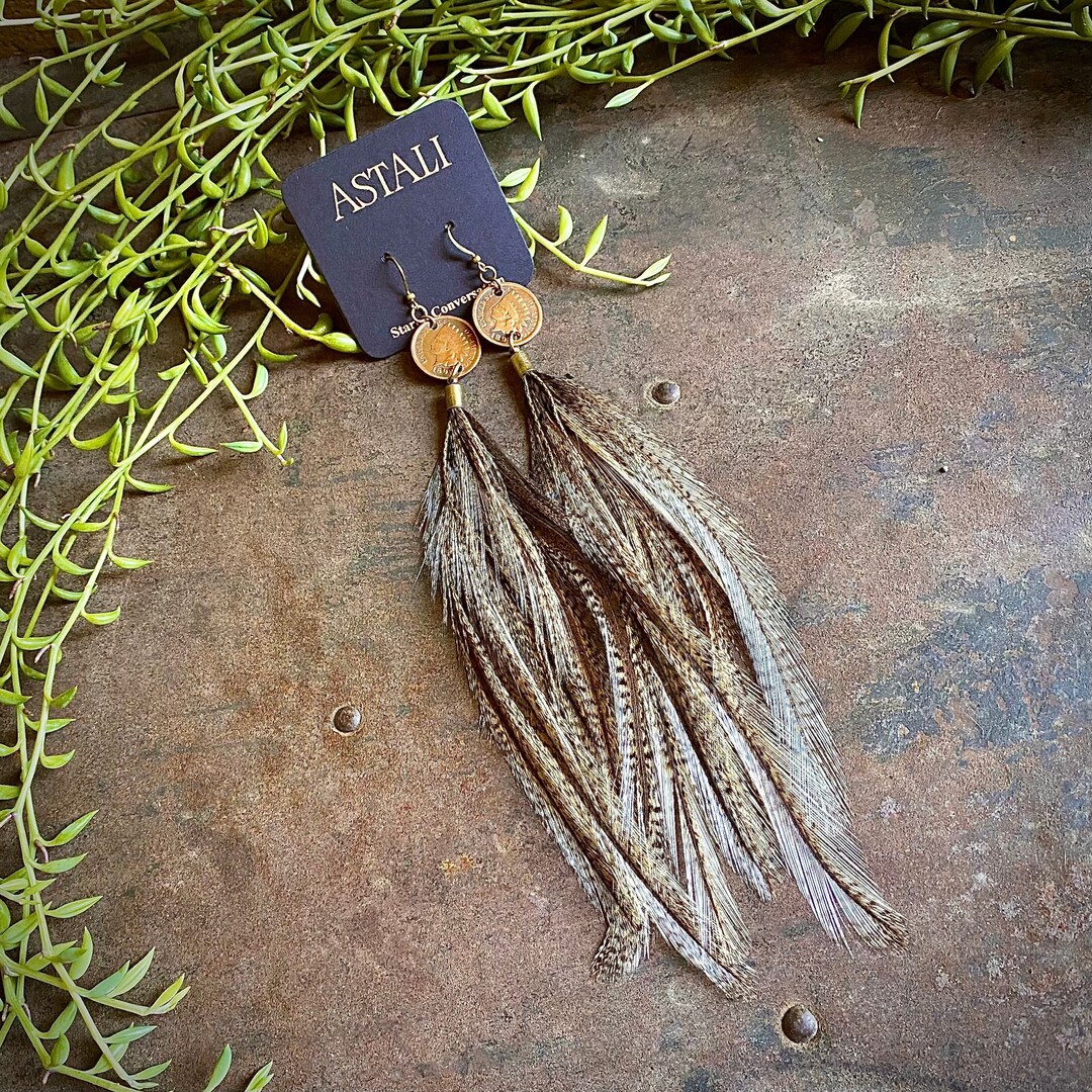 Long Feather Earrings, Indian Head Penny, Southwestern Earrings, Indian ...