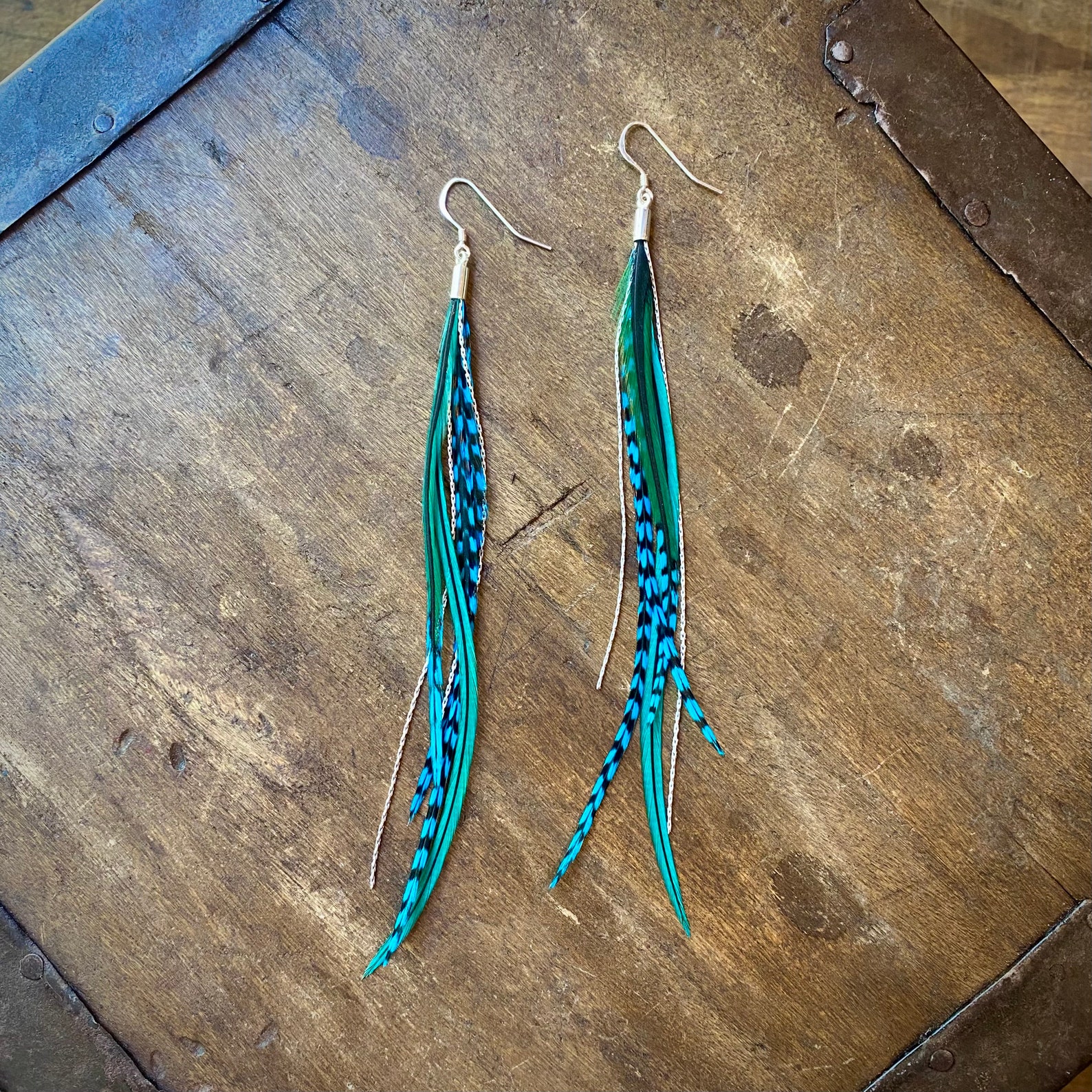 Turquoise and Teal Green Feather Earrings, Aqua Blue Boho Earrings ...