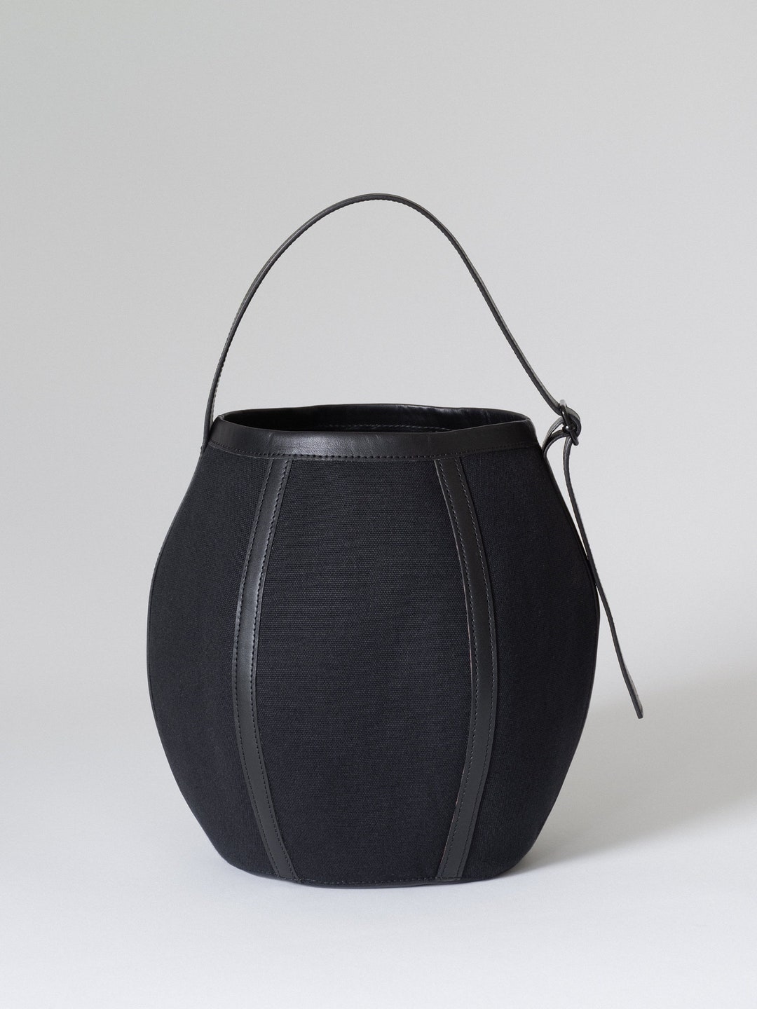 Mini Paneled Round Bag | Black Leather & Cotton Canvas | Handmade in ...