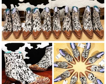Tooled Leather and Cowhide Ankle Booties - Etsy