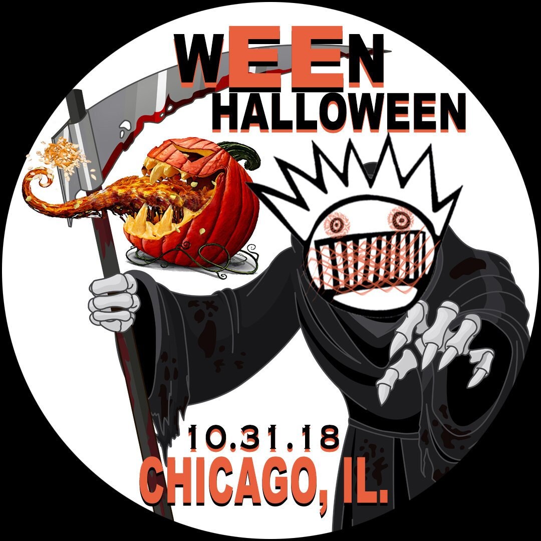Ween Halloween Chicago, IL. 4 Inch Square Sticker, Grim Reaper Boognish ...