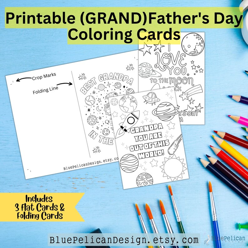 Outer Space Father's Day Coloring Cards for Grandpa. Printable Universe ...