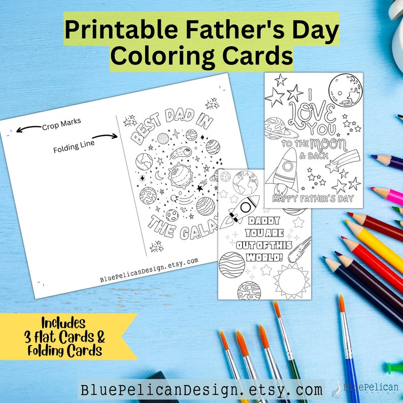 Space Card for Dad Happy Father's Day Coloring Cards - Etsy