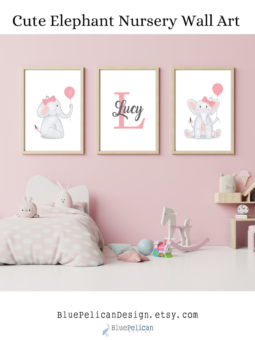 Pink Baby Elephant Wall Decor Set – Custom Girls Elephant Digital ...
