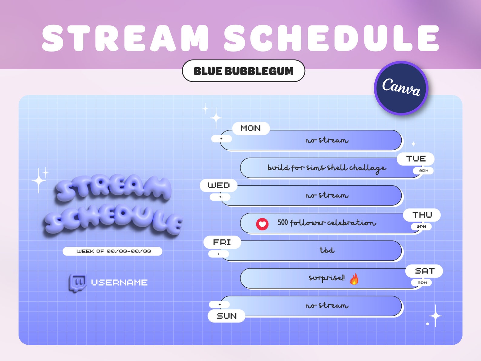 STREAM SCHEDULE Template Blue Bubblegum Canva Template - Etsy