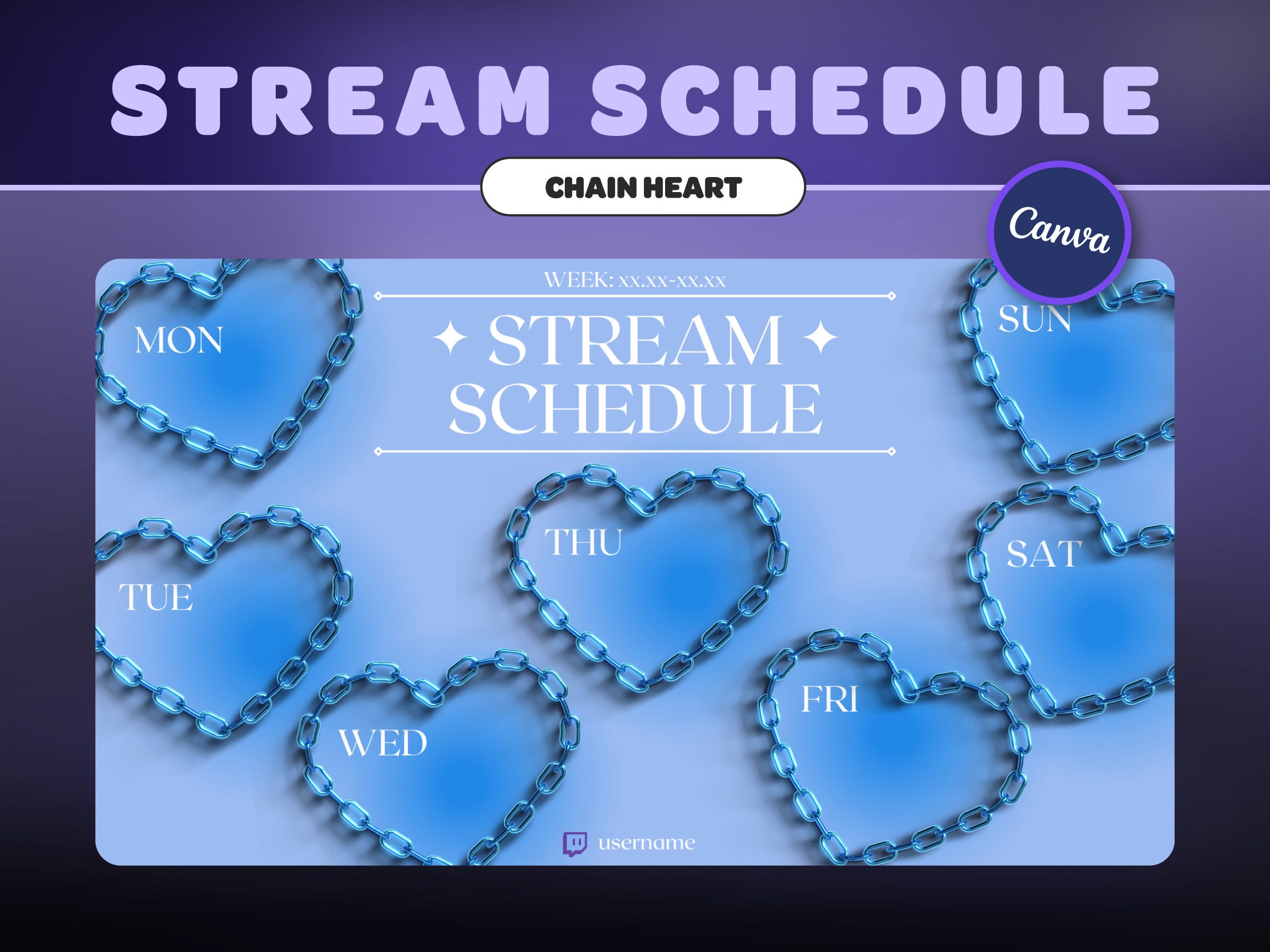 STREAM SCHEDULE Template Blue Chain Hearts Canva Template - Etsy