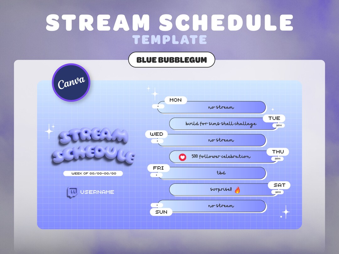STREAM SCHEDULE Template Blue Bubblegum | Canva Template | Streamer ...