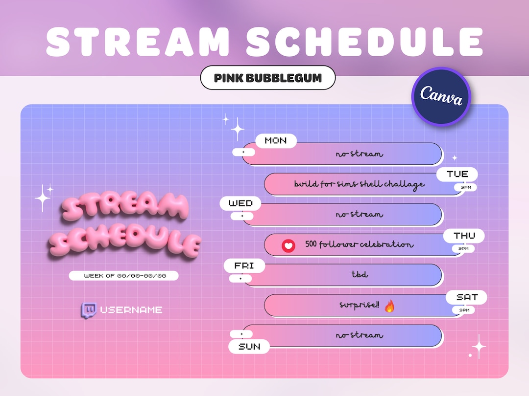 STREAM SCHEDULE Template Pink Bubblegum Canva Template Streamer Twitch ...