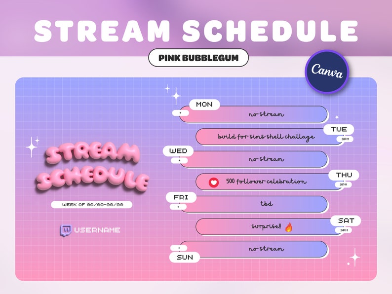 STREAM SCHEDULE Template Pink Bubblegum Canva Template - Etsy