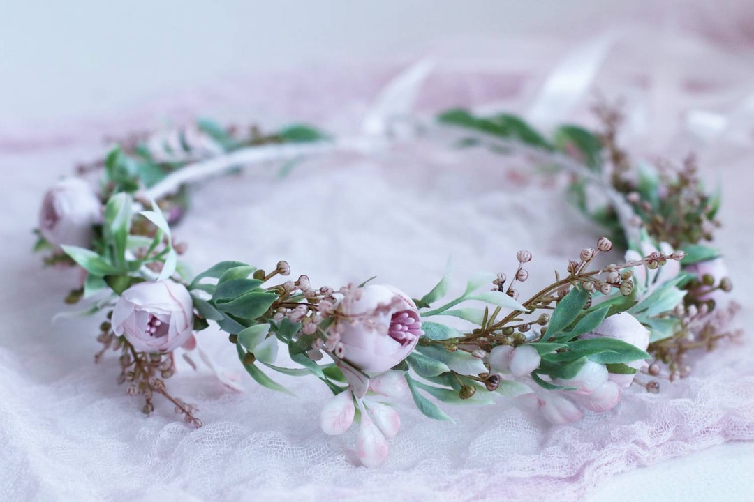 Greenery Hair Crown Peony Bridal Pink Flower Crown Wedding Eucalyptus ...