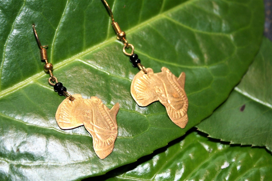 Africa Shaped Drop Earrings - African Masai Gold Coloured Brass ...
