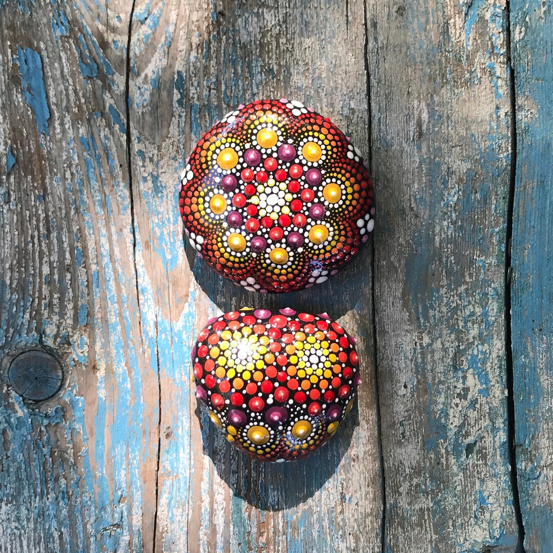 2 Amazing Dot Painted Mandala Rocks, Hand Painted Mandala Dot Art, One ...