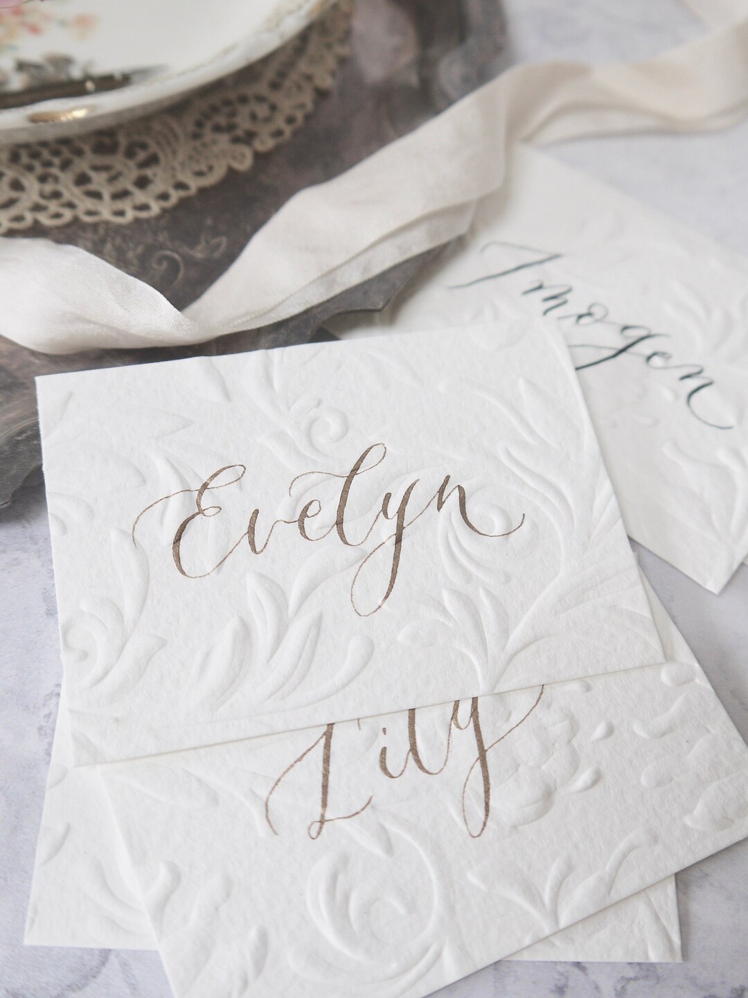 Embossed Wedding Name Cards, Custom Calligraphy Place Cards, Elegant ...