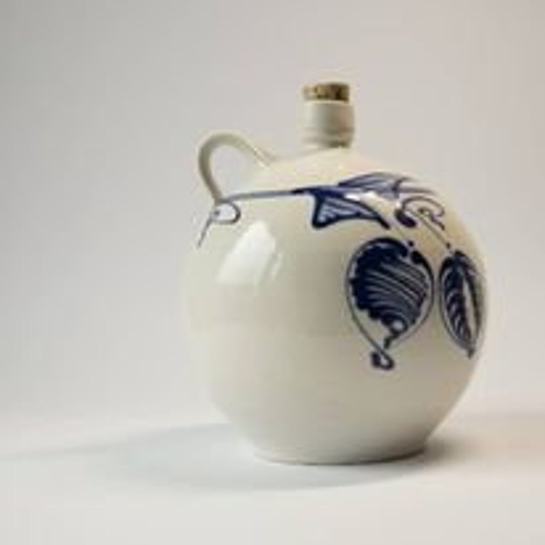 Vintage Pottery Jug With Cork Cap/ Hand Painted Jug With Ear/ White and ...