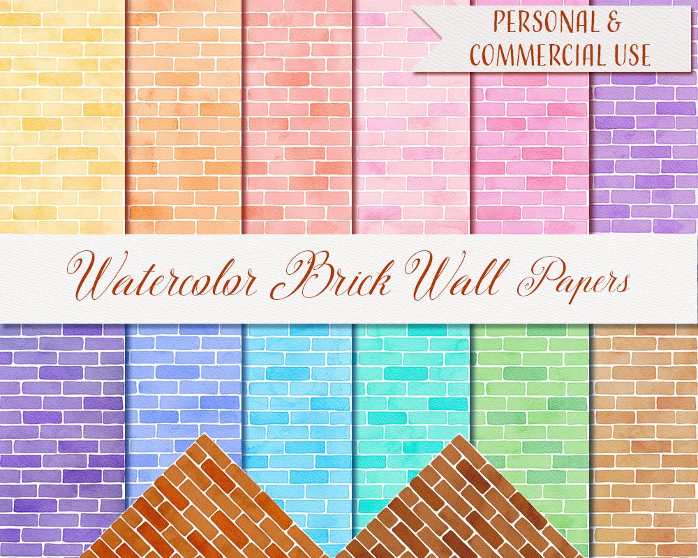 Watercolor Digital Papers, Watercolor Pastel Brick Wall Papers, 14 ...
