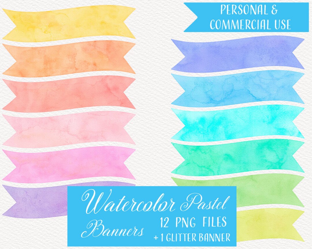 Watercolor Pastel and Glitter Banner Clipart, Watercolor Banners ...