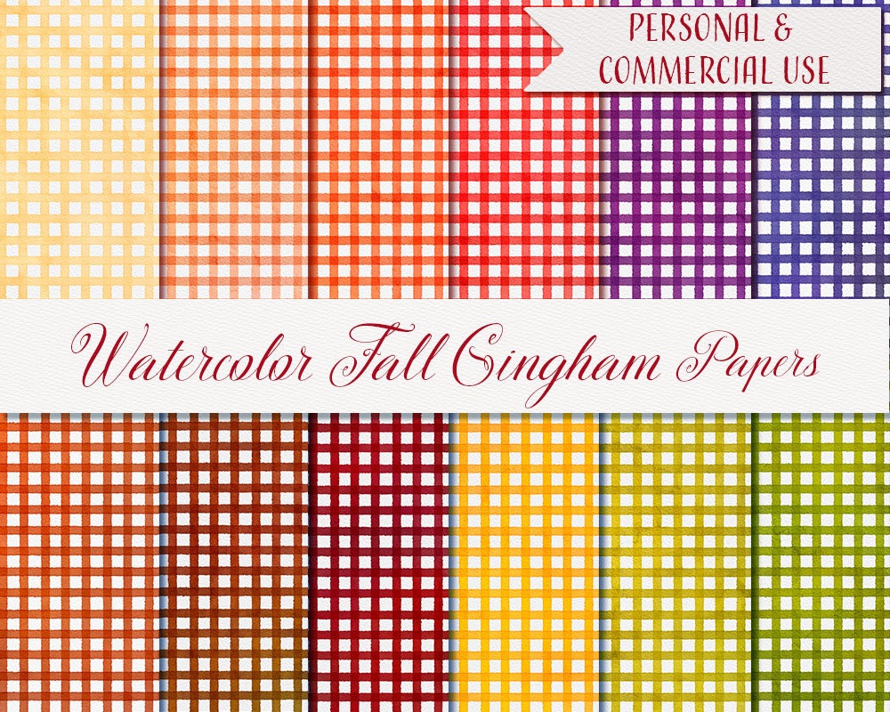 Watercolor Digital Paper, Watercolor Fall Gingham Papers, 12 Digital ...