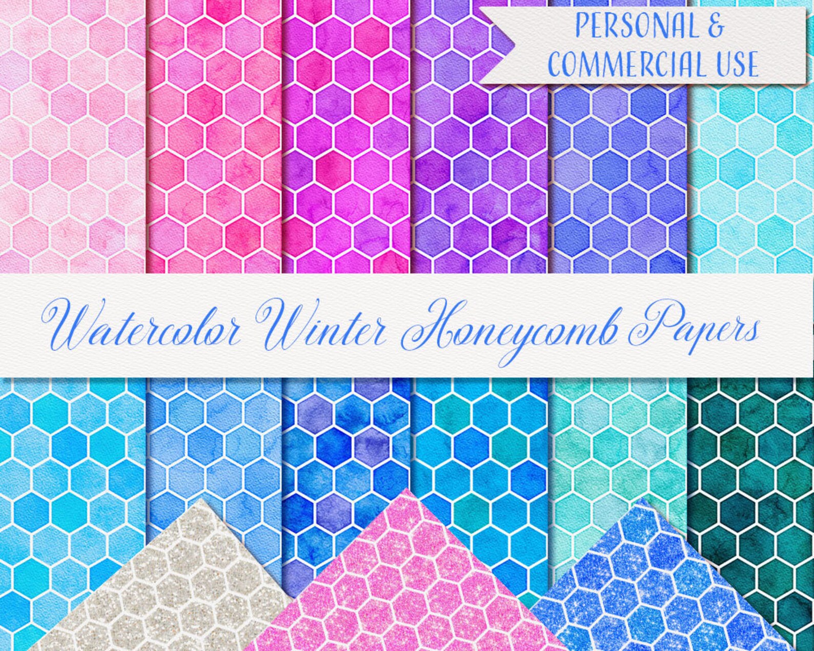 Watercolor Winter Honeycomb Paper, Watercolor Digital Paper, 15 Digital ...