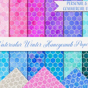 Watercolor Winter Honeycomb Paper, Watercolor Digital Paper, 15 Digital ...