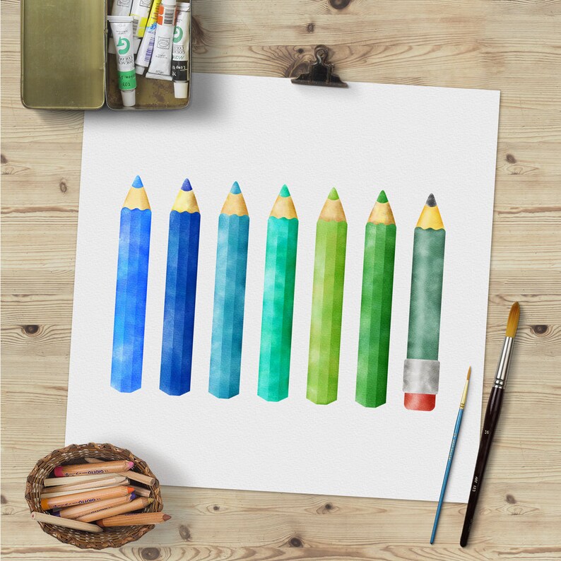 Watercolor Colored Pencils Clipart Watercolor School Clipart - Etsy