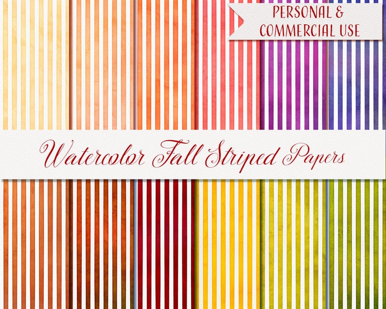 Watercolor Digital Paper, Watercolor Fall Striped Papers, 12 Digital ...