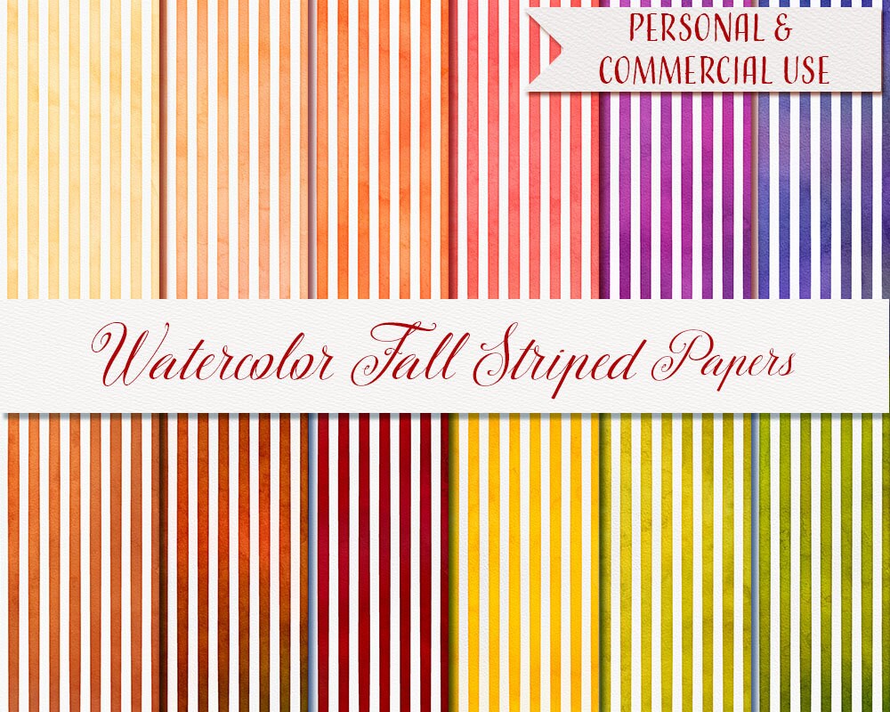 Watercolor Digital Paper, Watercolor Fall Striped Papers, 12 Digital ...
