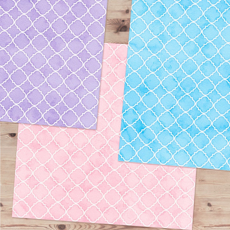 Watercolor Digital Paper, Watercolor Pastel Quatrefoil Papers, 12 ...