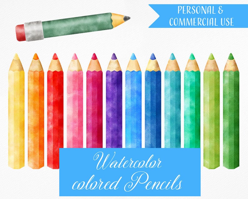 Watercolor Colored Pencils Clipart Watercolor School Clipart - Etsy
