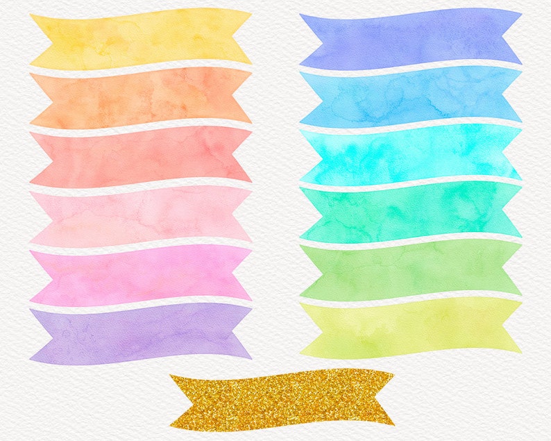 Watercolor Pastel and Glitter Banner Clipart, Watercolor Banners ...