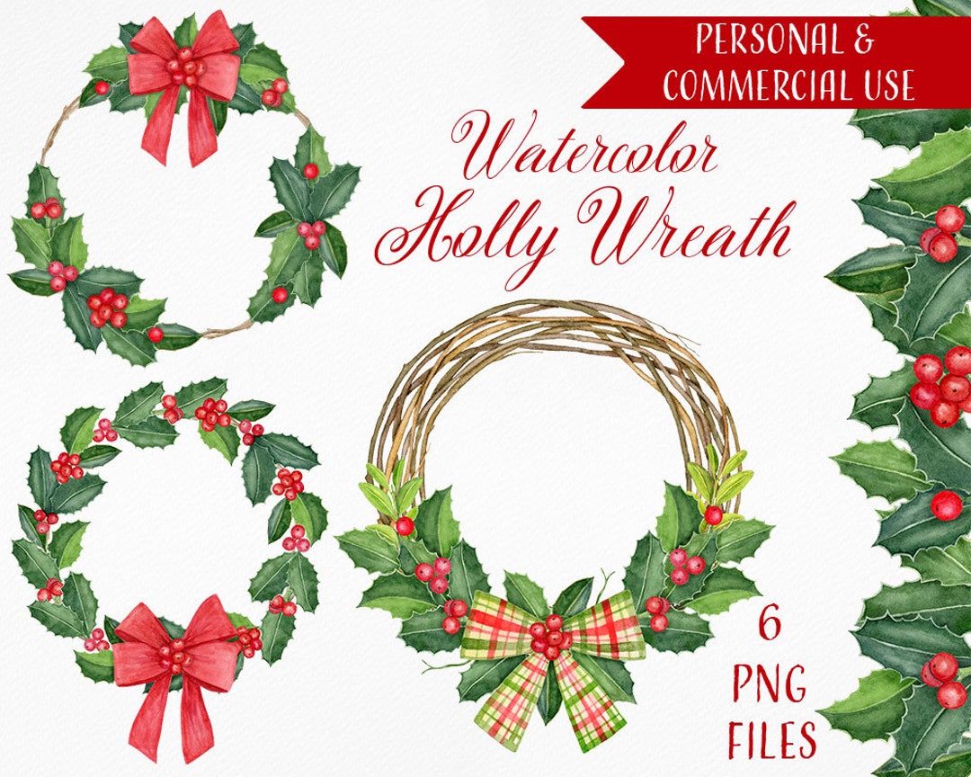 Watercolor Holly Clipart, Watercolor Christmas Wreath Clipart, Winter ...