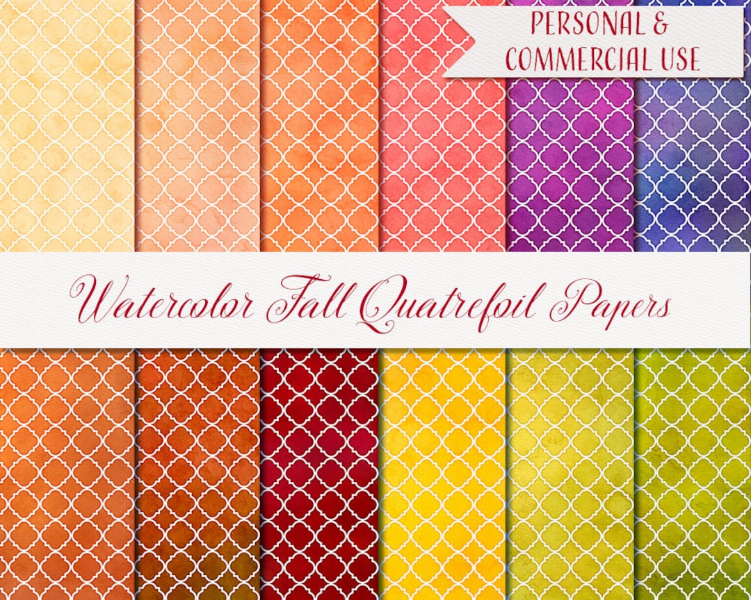 Watercolor Digital Paper, Watercolor Fall Quatrefoil Paper, 12 Digital ...